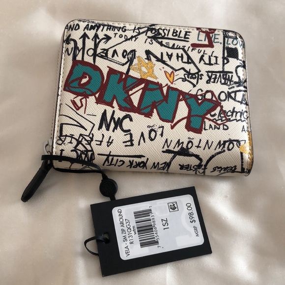 Dkny | Bags | Dkny Vela Small Zip Around Wallet White Faux Leather With ...